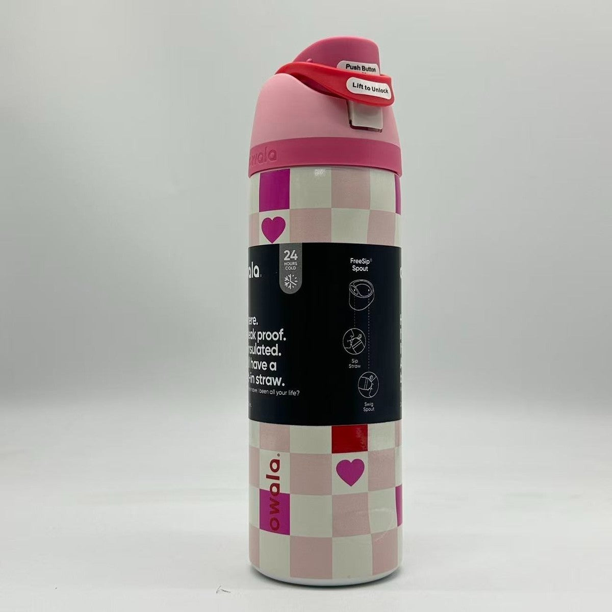Owala FreeSip 24 oz Insulated Stainless Steel Pink Checkers Water Bott ...
