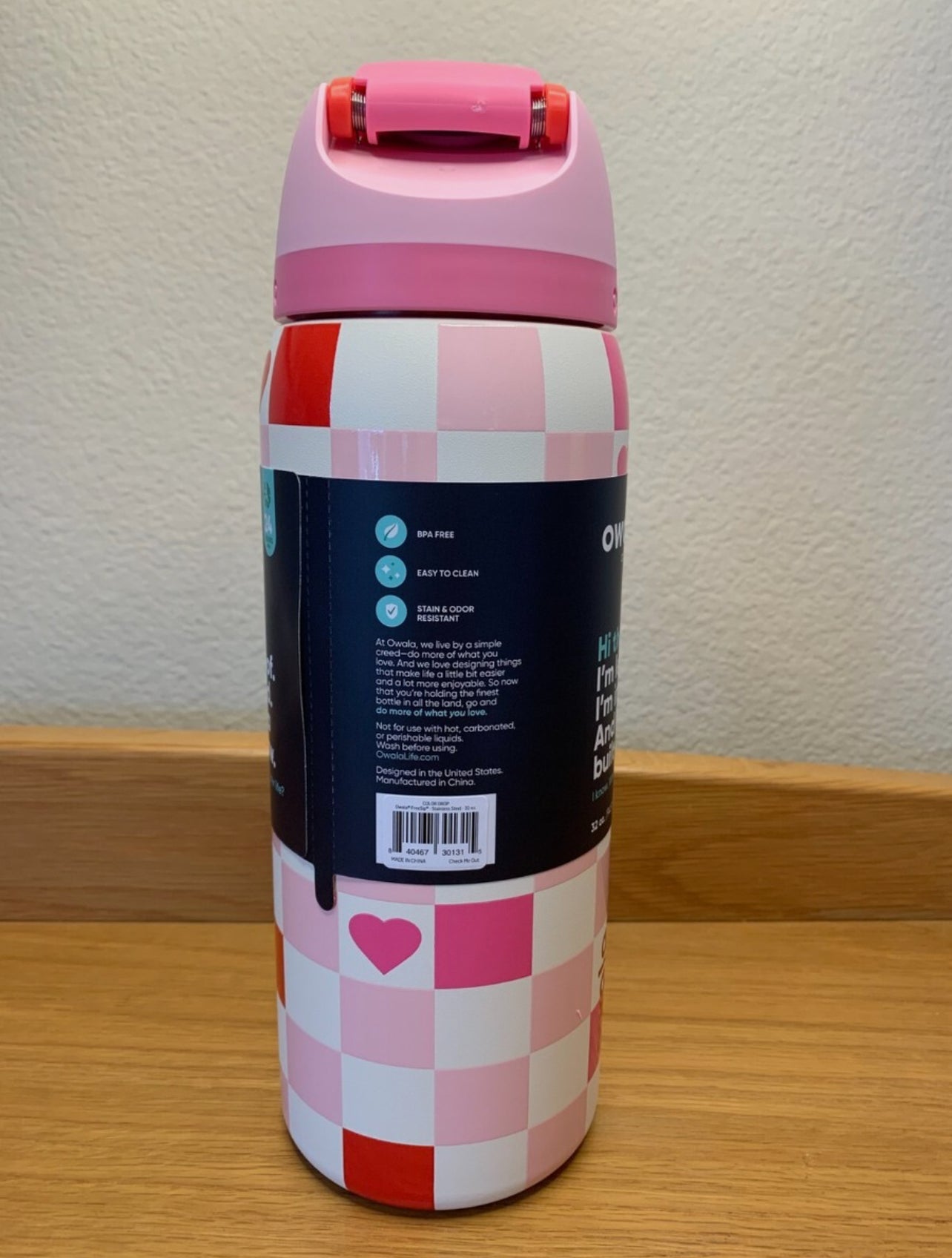 Owala FreeSip 24 oz Insulated Stainless Steel Pink Checkers Water Bott ...